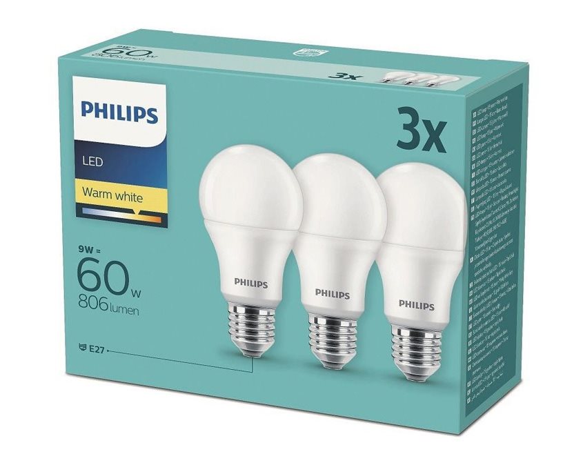 Philips LED 9 – 60W, E27 2700 K, 3 ks - LED žiarovka | Alza.sk